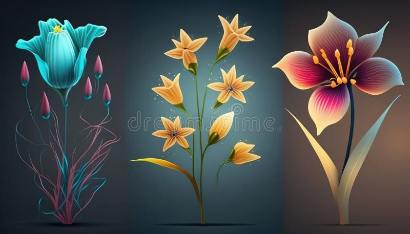 Three Different Types of Flowers on a Dark Background Illustration ...