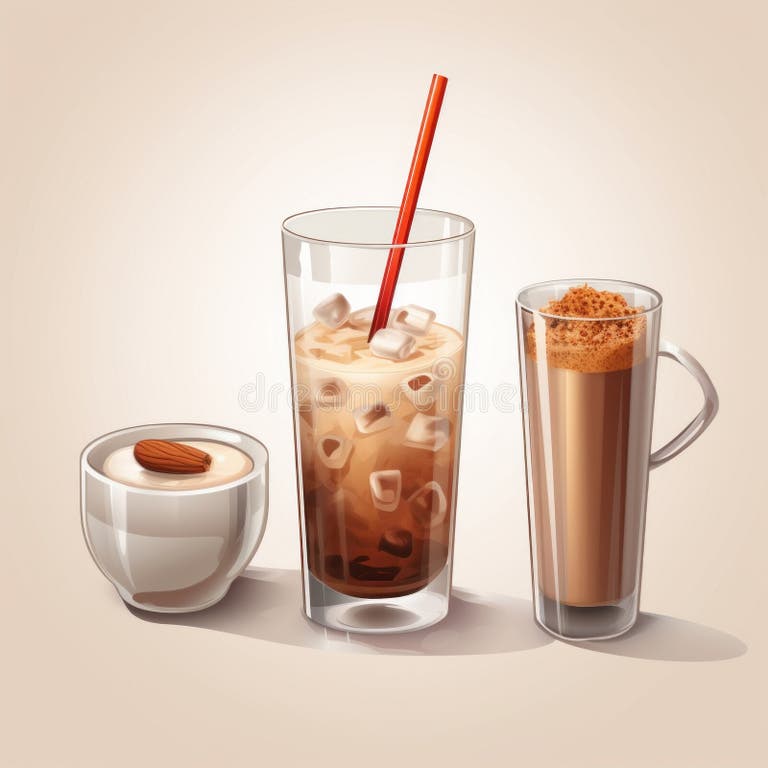 Three Different Types of Iced Coffee Drinks in Glasses and Cups Stock ...