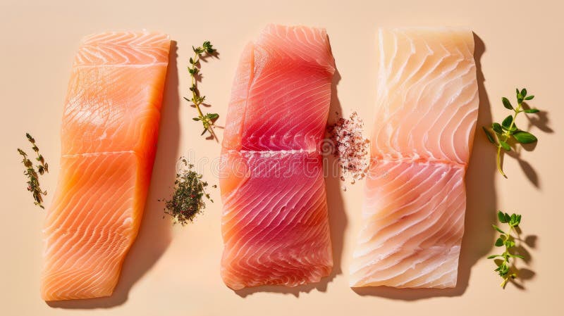 Three Different Types of Raw Fish Fillets with Herbs, Culinary ...