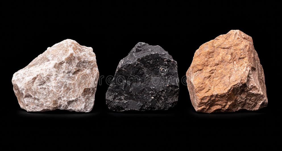 Three Different Types of Rocks on a Black Background. Stock ...
