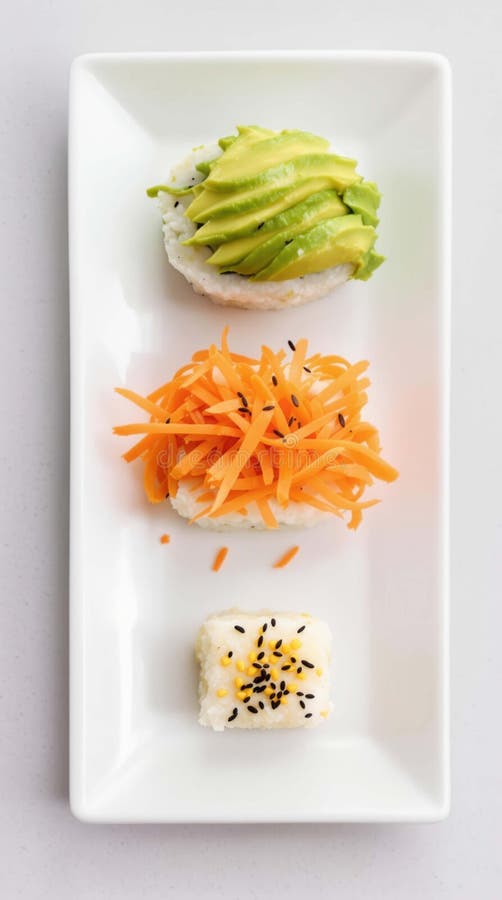 Three Different Types of Sushi are on a White Plate Stock Illustration ...