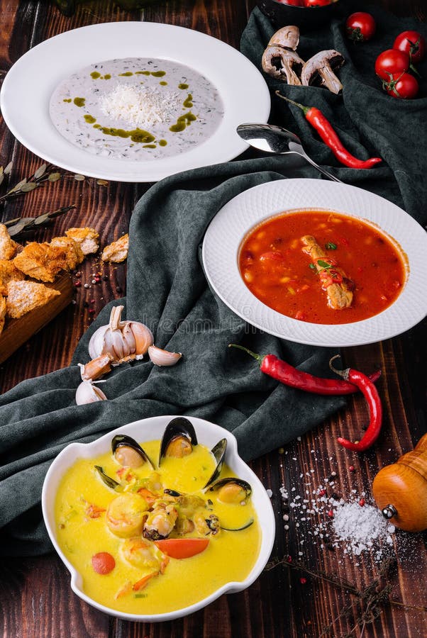Three Different Vegetable Cream Soups on Wooden Stock Image - Image of ...