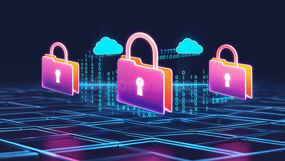 Three Digital Padlocks with Keyholes Float Against a Dark Background, Connected by Binary Code ...