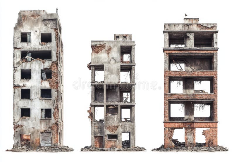Three Grey and Brown Destroyed Multi Story Buildings on White ...