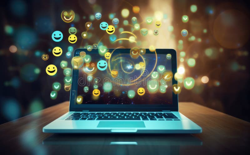 Three-dimensioanl Emoticons and Smiley Faces Surround the Laptop Screen ...