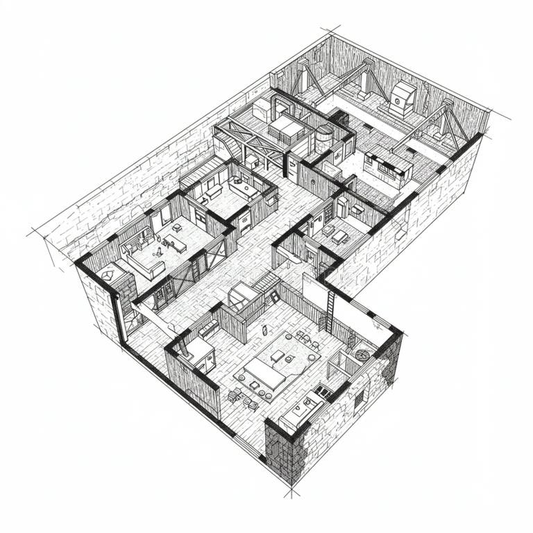 Three-dimensional Architectural Floor Plan of a Residential Building ...