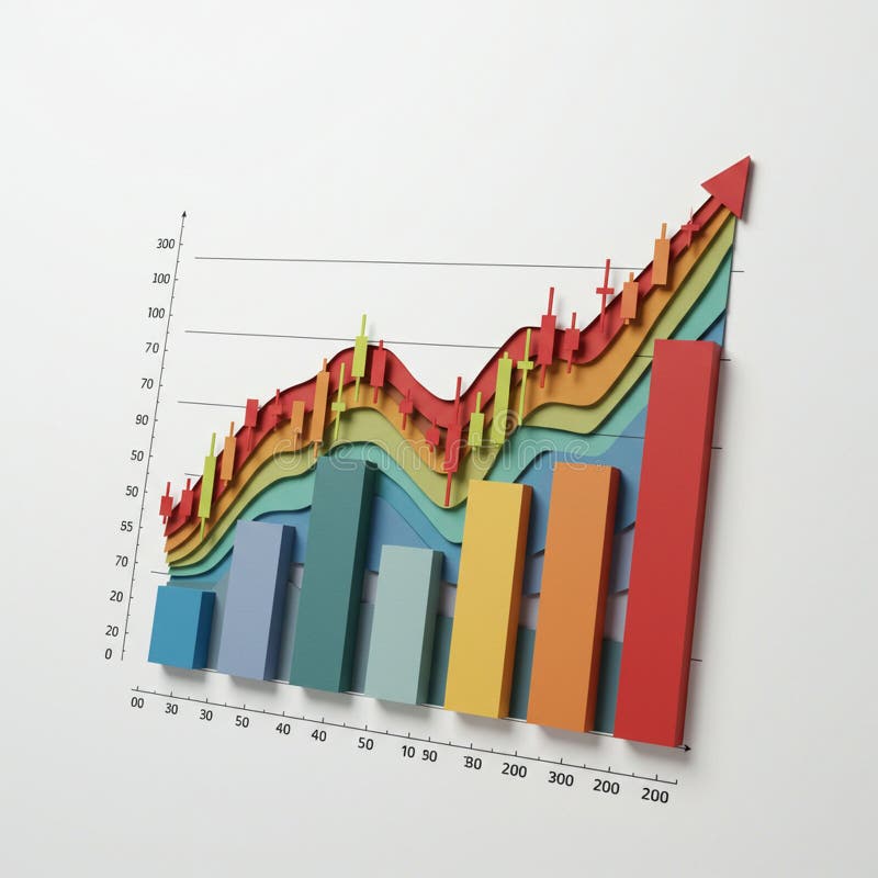 Three-dimensional Bar and Line Chart Featuring Colorful Layers on a White Background. Stock ...