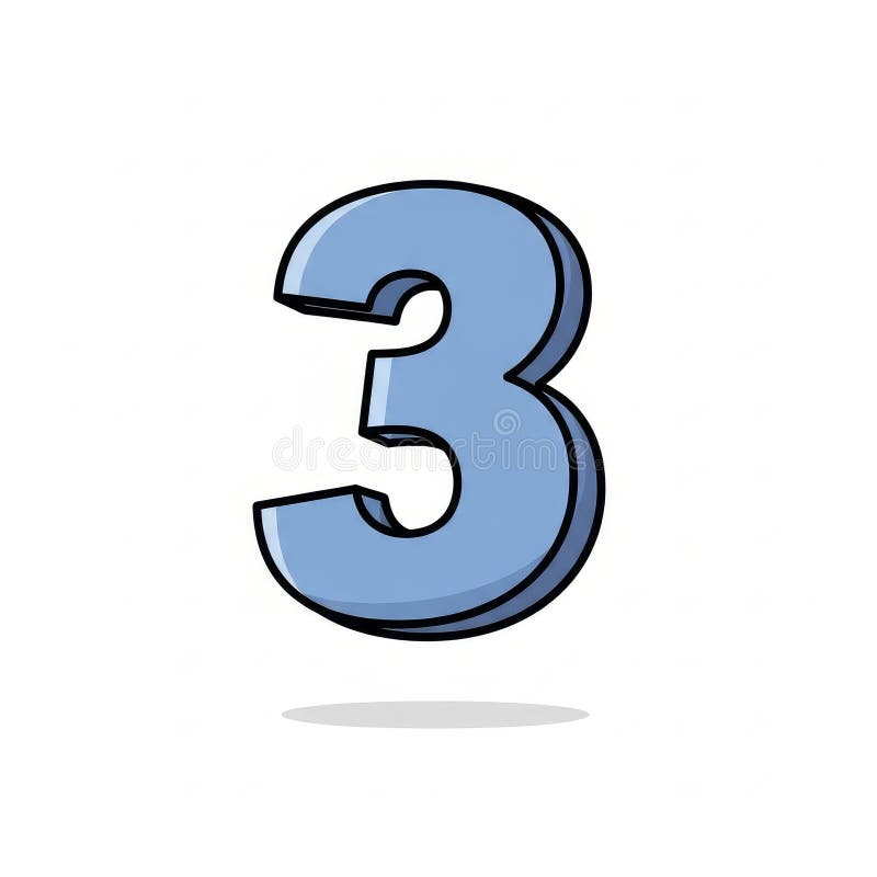 Three Dimensional Blue Cartoon Style Number 3 Digit with Black Outline ...