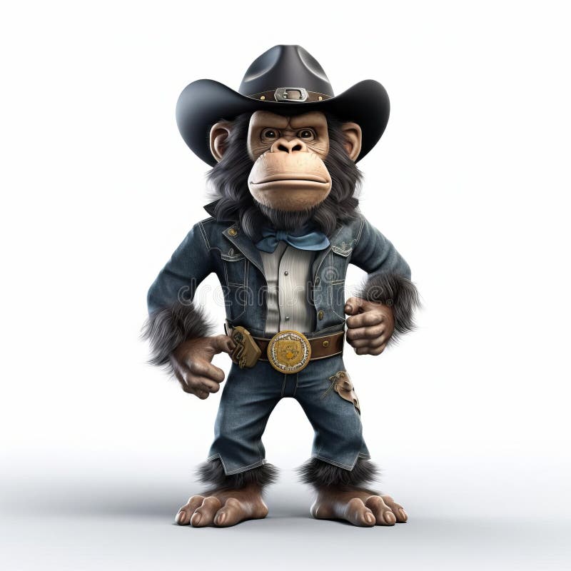 Three Dimensional Chimp Dressed As a Cowboy on White Background Stock ...