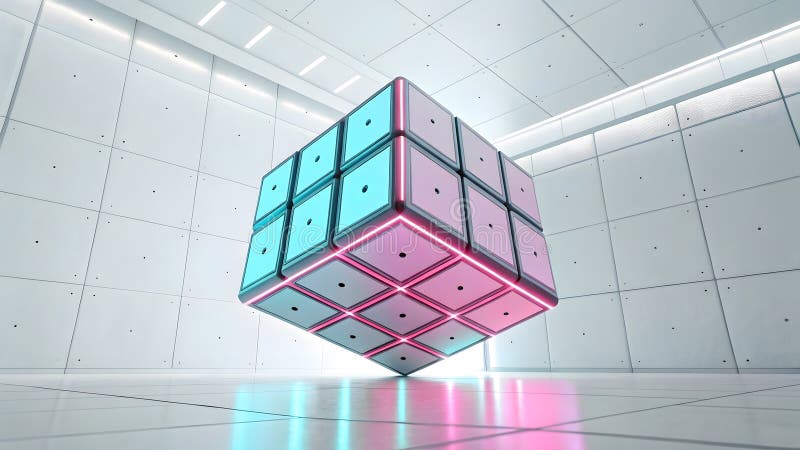 Three-dimensional Cube Display with Illuminated Edges in Modern Interior Setting Stock ...