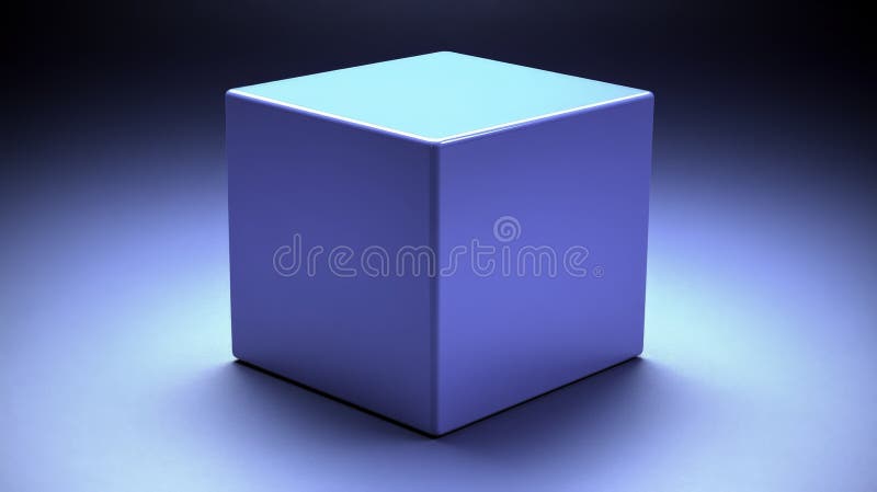 A Bright Blue Cube Floating Above a Dark Blue Surface. Stock ...