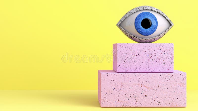 Abstract Eye Icon on Pink Blocks Against Vivid Yellow Background Stock ...