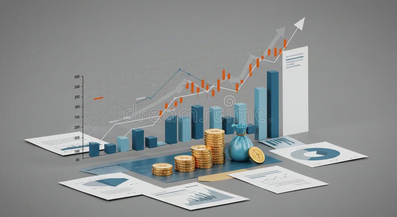 Three-dimensional Financial Chart with Blue Bar Graphs and Orange Line ...
