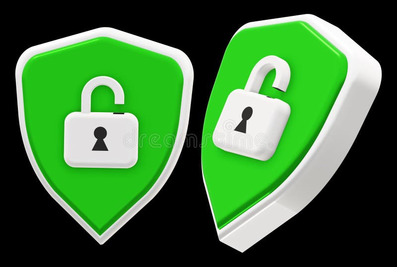 Three-dimensional Green Shields with Open Lock Icon on White Base Stock ...