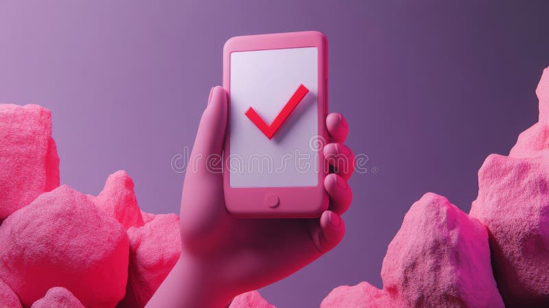 A Three-dimensional Hand Holding a Smartphone with a Check Mark on Its ...