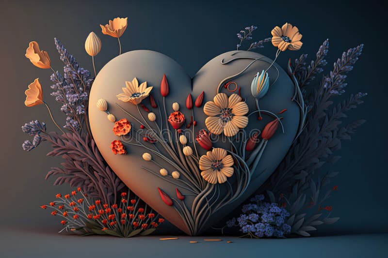 Three-dimensional Heart with Flowers. Artistic Illustration of Concept ... Three-dimensional Heart with Flowers. Artistic Illustration of Concept ...