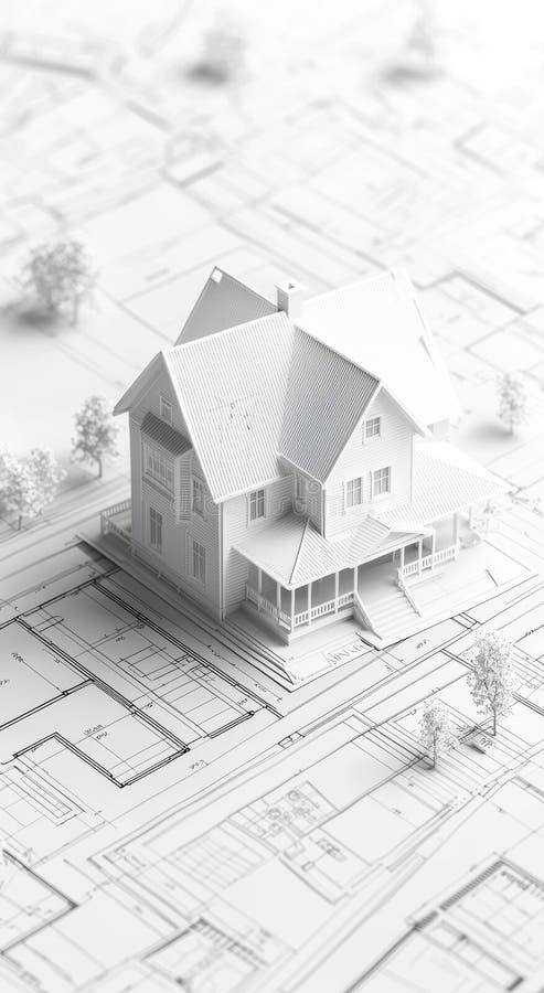 Three-dimensional House Model Set Against an Architectural Blueprint ...