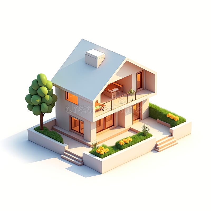 Isometric Low Poly 3D House with Garden and Pathway Design Stock ...