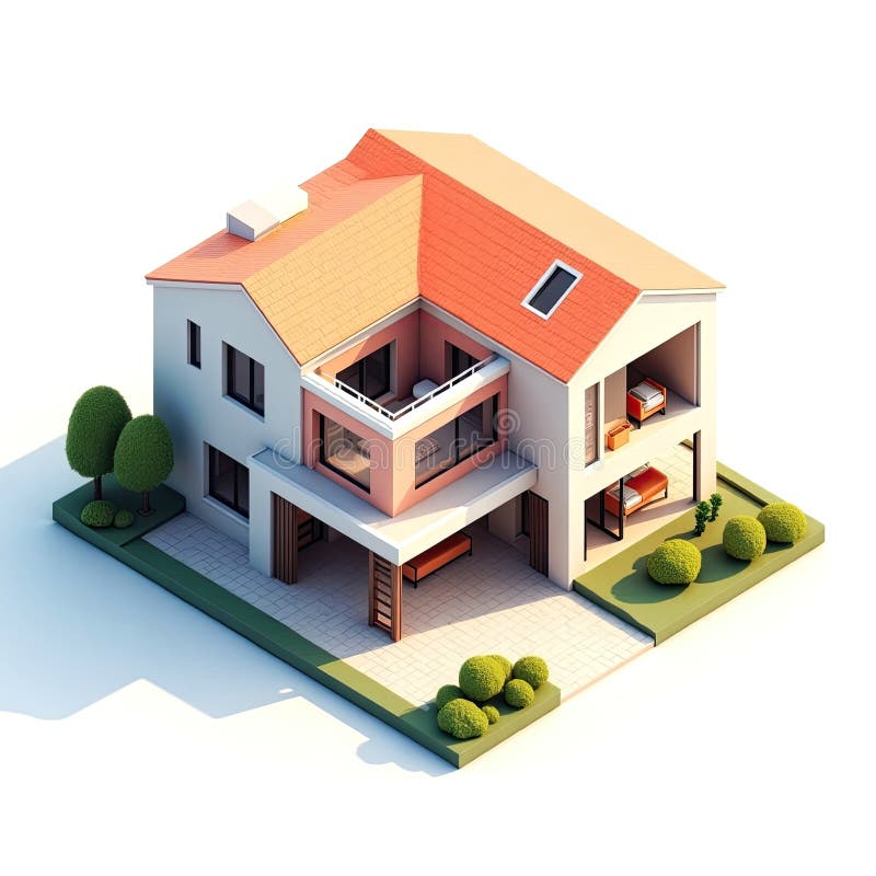 Isometric Low Poly 3D House with Garden and Pathway Design Stock ...