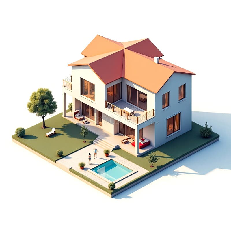 Isometric Low Poly 3D House with Garden and Pathway Design Stock ...