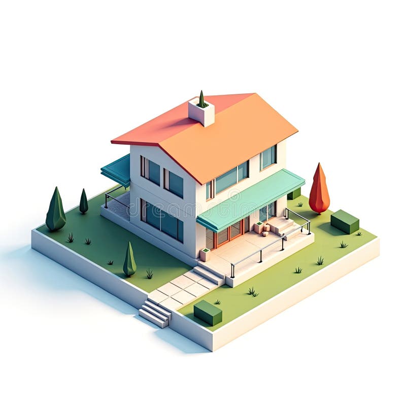 Isometric Low Poly 3D House with Garden and Pathway Design Stock ...