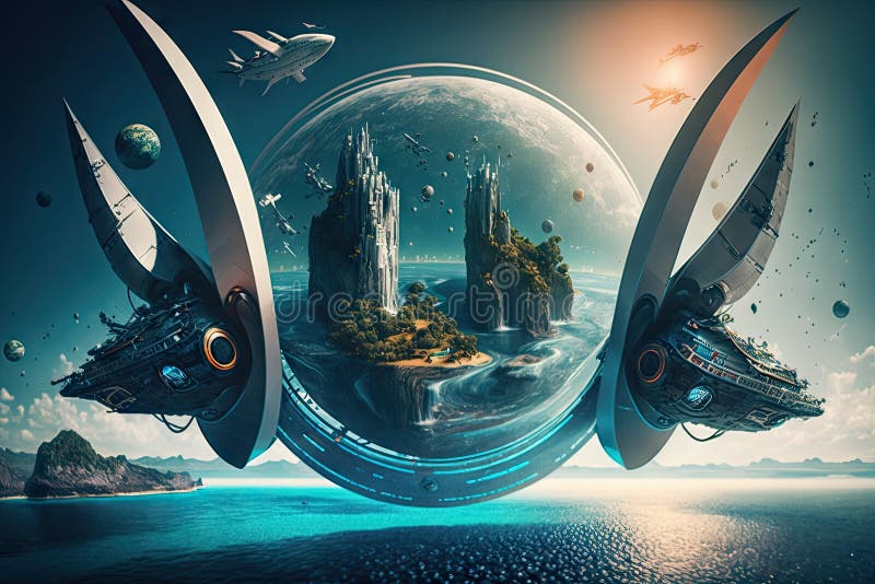 Three-dimensional Image of Futuristic Virtual World with Spaceships and ...