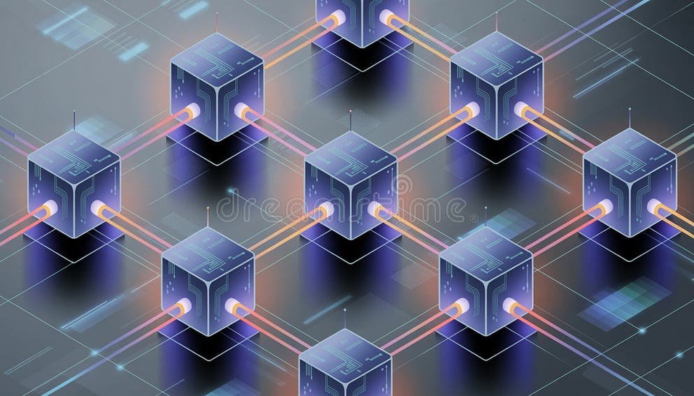 3D Isometric Illustration of Blockchain Nodes Connected by Glowing ...