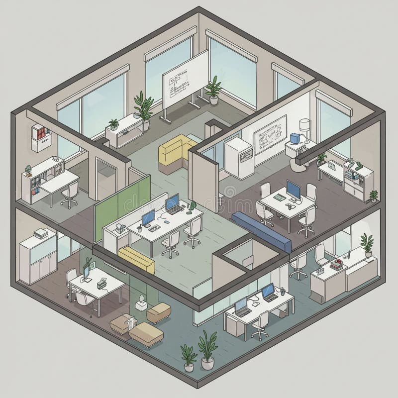 Three-dimensional Isometric View of a Modern Office Layout Featuring Multiple Rooms. Stock ...