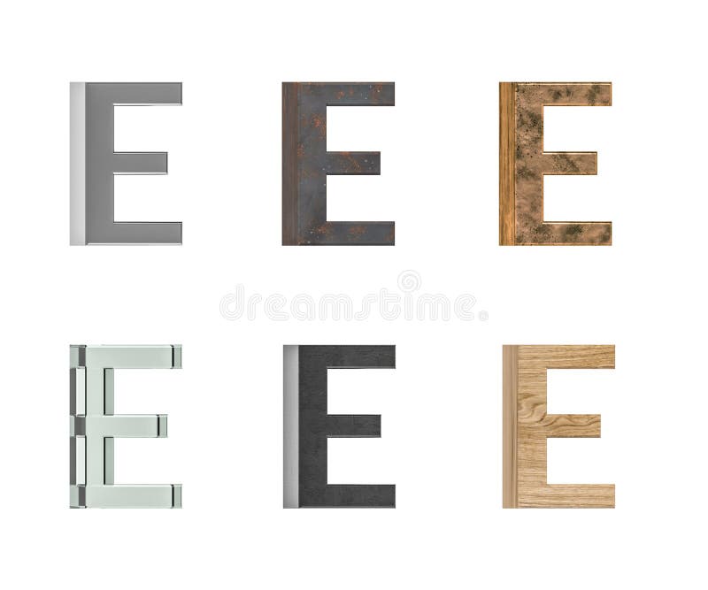 Three Dimensional Letter E with Six Types of Textures - Metal, Rust ...