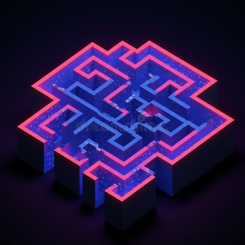 A Three-dimensional Maze with Glowing Neon Edges, Primarily in Blue ...
