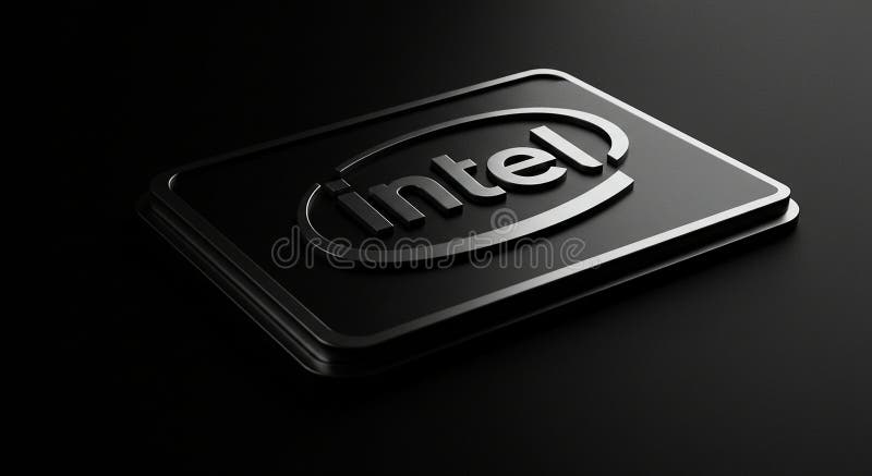 A Three-dimensional Metallic Intel Logo is Centered on a Rectangular ...