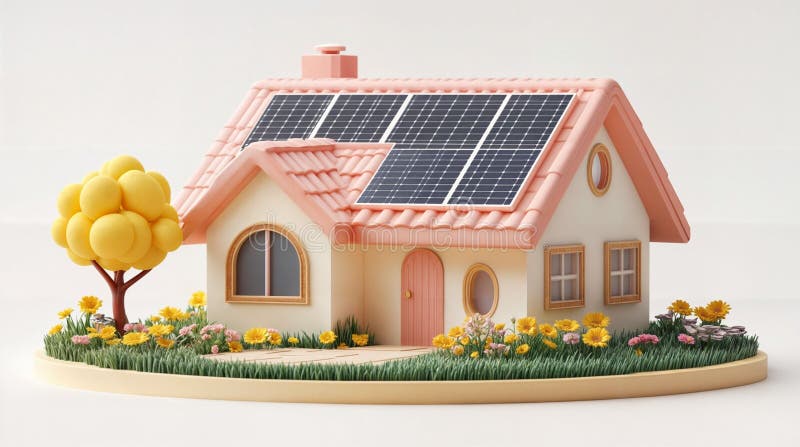 Three-Dimensional Model of a House with Solar Panels and Landscaping ...