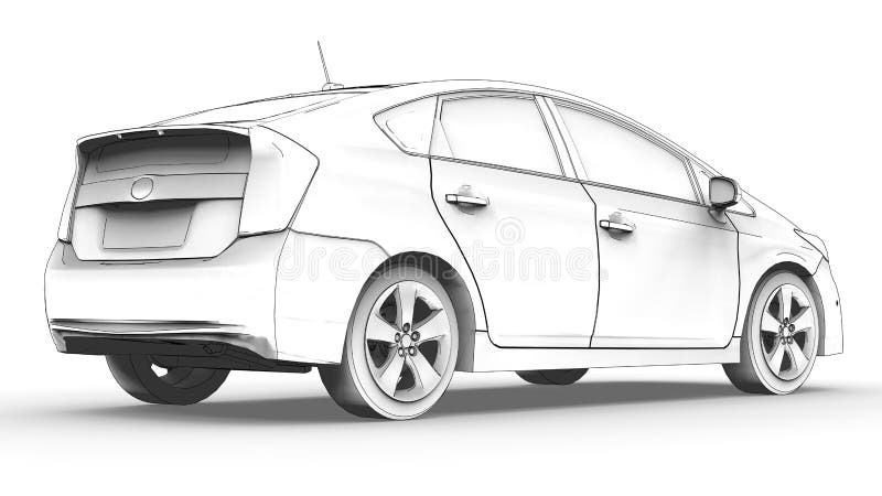 Three-dimensional Model of a Hybrid Family Car Stylized Pencil Drawing ...