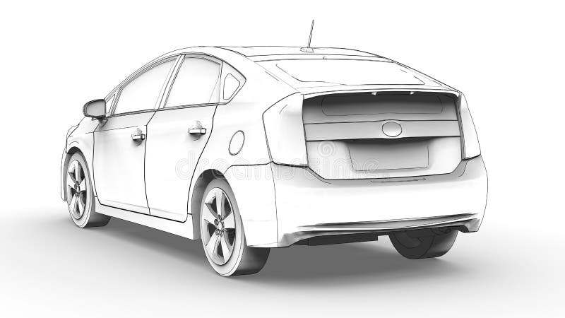 Three-dimensional Model of a Hybrid Family Car Stylized Pencil Drawing ...