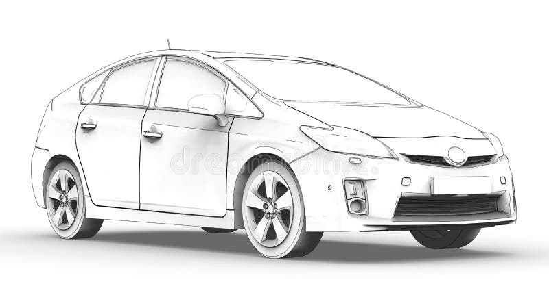 Three-dimensional Model of a Hybrid Family Car Stylized Pencil Drawing ...