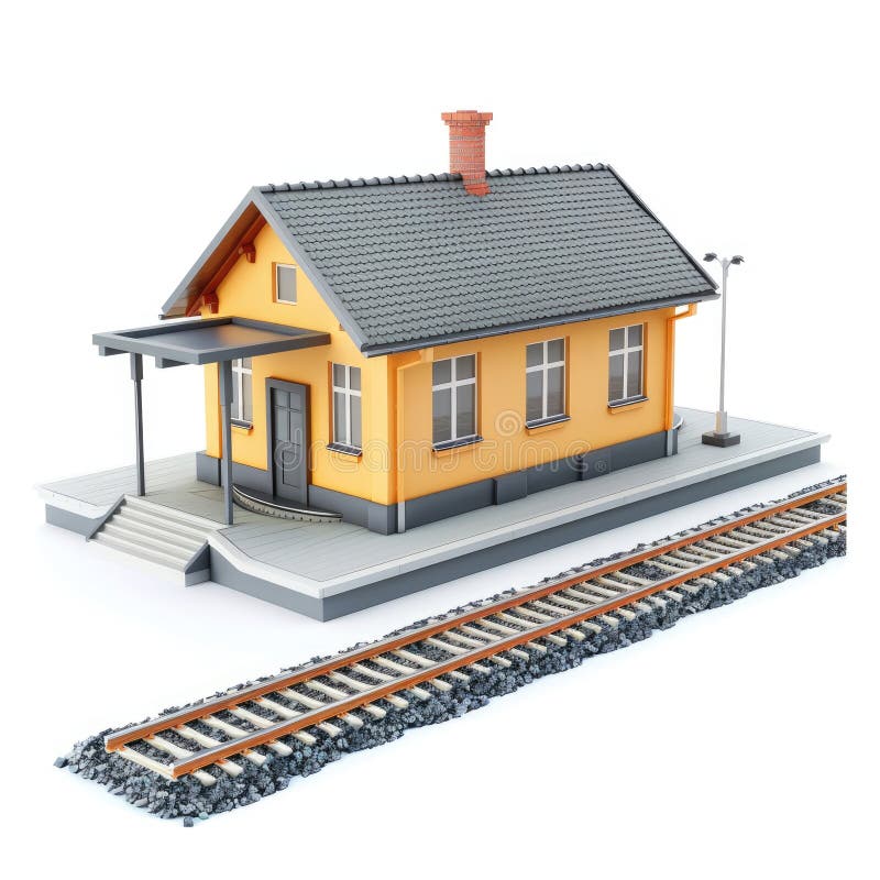Small Yellow Train Station Building Near Railway Tracks Stock ...