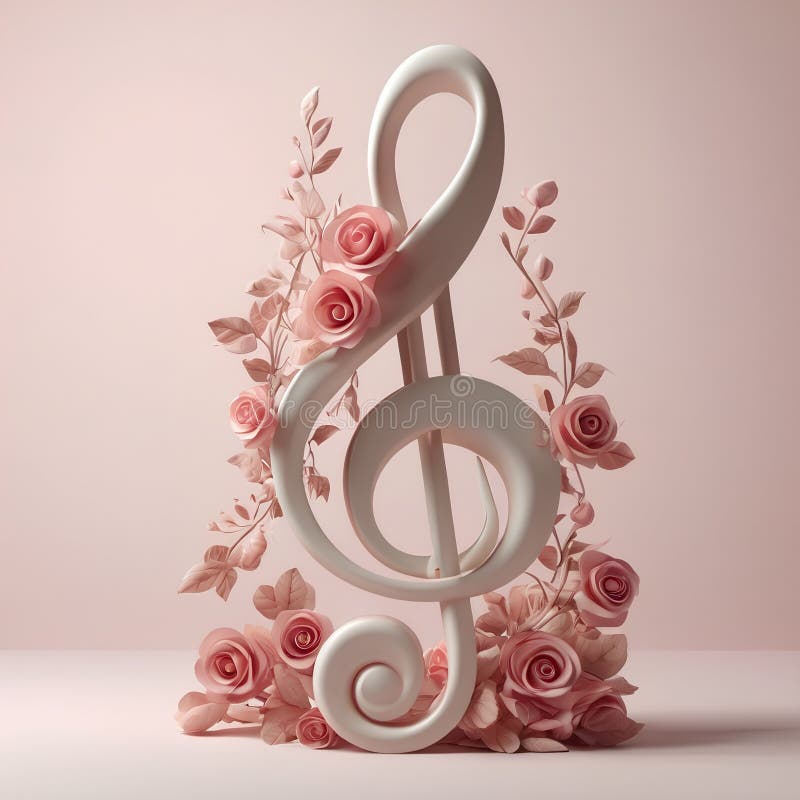 Three Dimensional Pink Melodious Treble Clef Adorned by Flowers and ...