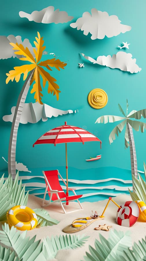 A Three-dimensional Paper Craft Beach, Complete with a Lifebuoy, Palm ...