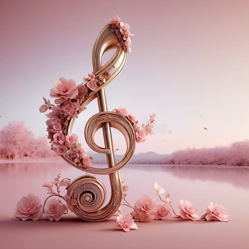 Three Dimensional Pink Melodious Treble Clef Adorned by Flowers and ...