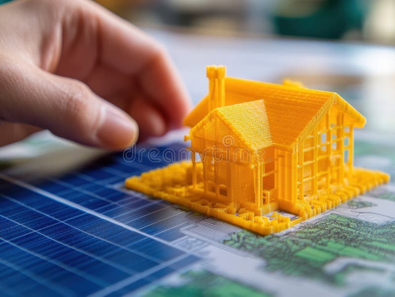 Three Dimensional Printed House Model on Solar Panel Plan Stock ...