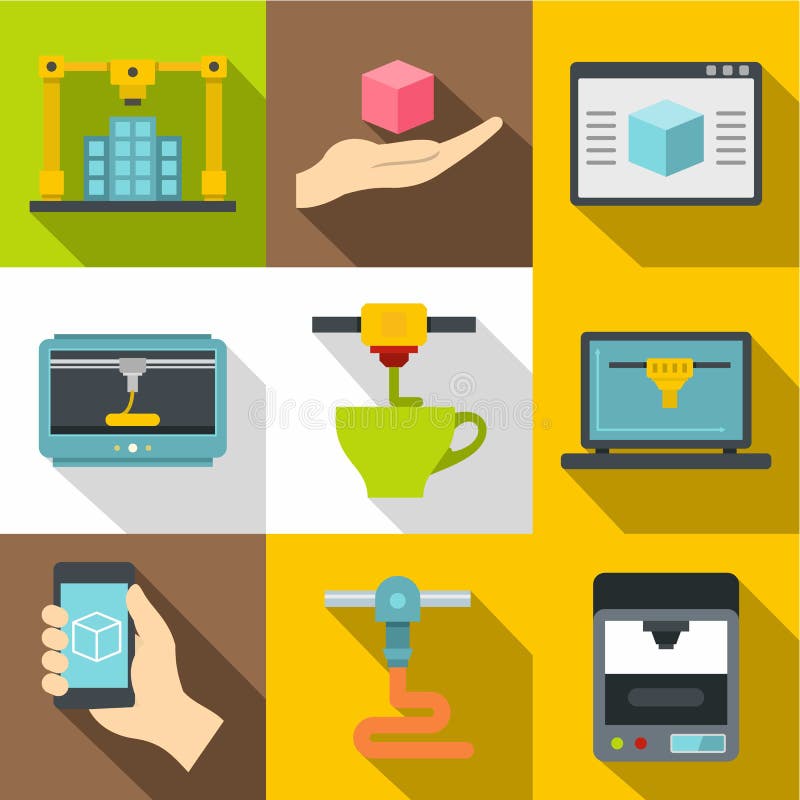 Three Dimensional Printing Machine Icons Set Stock Vector ...