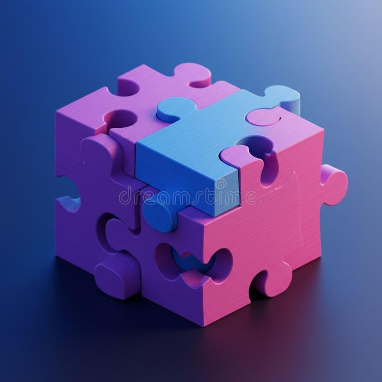 Three-dimensional Puzzle Pieces Form a Cube, Combining Pink and Blue ...