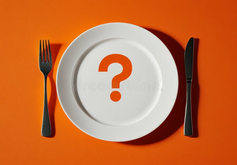 Three Dimensional Question Mark on White Plate with Fork and Knife ...
