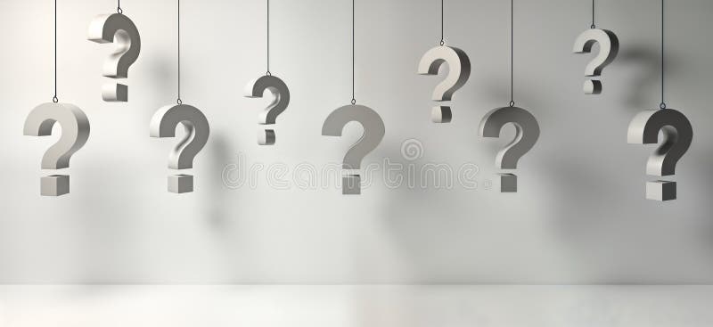 Three-dimensional Question Marks Hang from White Ceiling. Modern ...