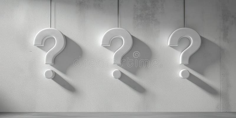 Three Dimensional Question Marks Hang from White Wall. Shadows Cast by ...