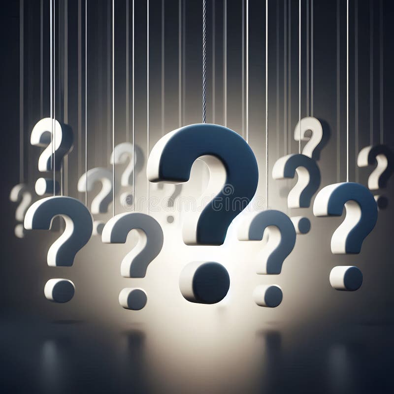 Three-dimensional Question Marks Hanging from Strings Against a Dark ...