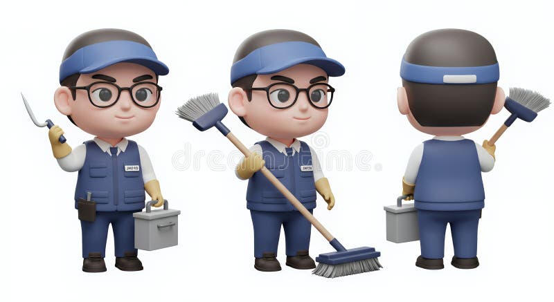 Playful Cartoon Janitor 3D Render Isolated on White Background Stock ...