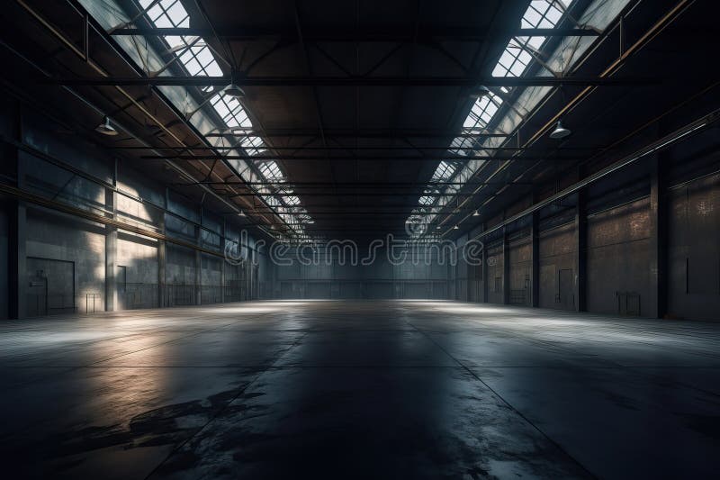 Three Dimensional Render of Dark Empty Warehouse. AI Generated Stock Illustration - Illustration ...