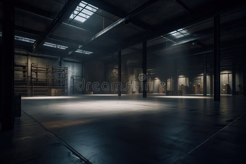 Three Dimensional Render of Dark Empty Warehouse. AI Generated Stock Illustration - Illustration ...