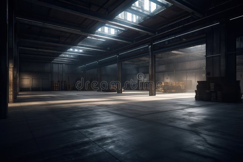 Three Dimensional Render of Dark Empty Warehouse. AI Generated Stock ...